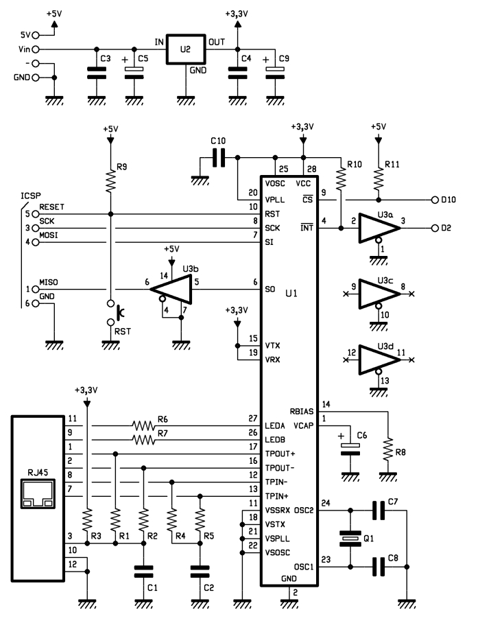 Low cost Ethernet shield with ENC28J60 using Arduino - duino